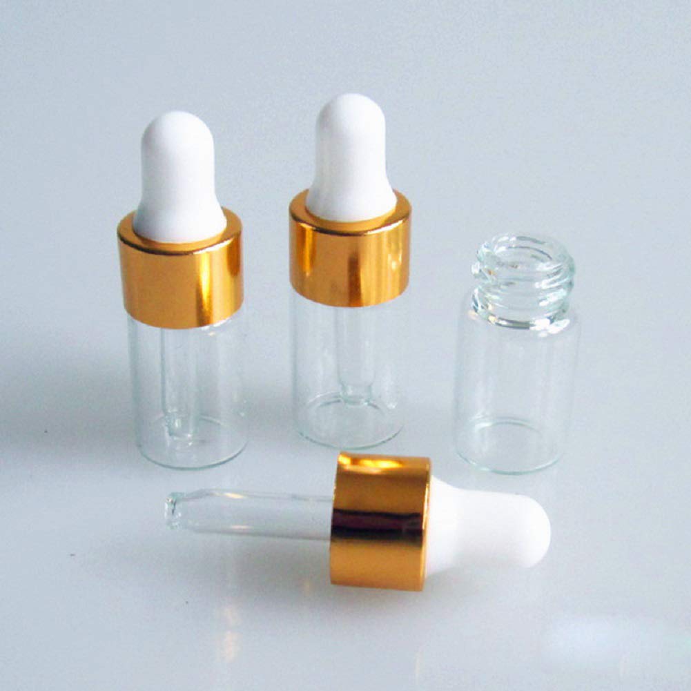 15Pcs Glass Essential Oil Dropper Bottles Clear Mini 1ml/2ml/3ml Perfume Dropping Bottle Cosmetic Sample Vials with Gold Cap and White Latex