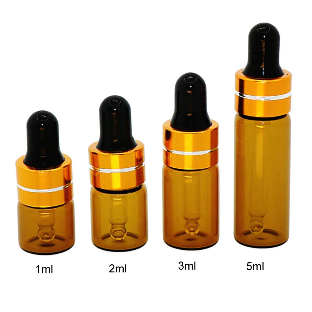 Amber Dropper Bottles -100Pcs 5ml Cute Essential Oil Bottles with Eye Dropper Dispenser for Perfumes Cosmetic Liquid Aromatherapy Chemistry Lab Sample Storage Jars Vial Container (Gold Screw Cap)