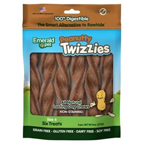 emerald pet twizzies rawhide free 100% digestible natural dog lasting chew treats, made in usa size 6, peanutty peanut butter multipack