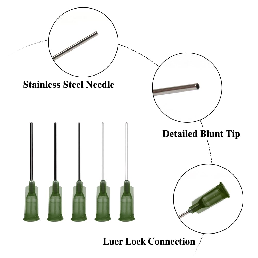 Shintop Dispensing Needle, 1.5 Inch 14G Blunt Tip Syringe Needles with Luer Lock for Refilling Liquid, Inks and Syringes (Pack of 100, Olive Green)