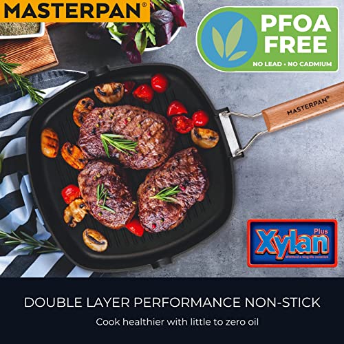 MasterPan Non-Stick Grill Pan with Folding Wooden Handle, 8", Black and Brown