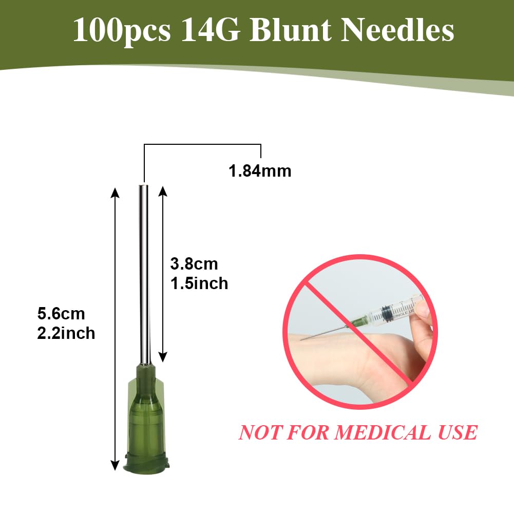 Shintop Dispensing Needle, 1.5 Inch 14G Blunt Tip Syringe Needles with Luer Lock for Refilling Liquid, Inks and Syringes (Pack of 100, Olive Green)