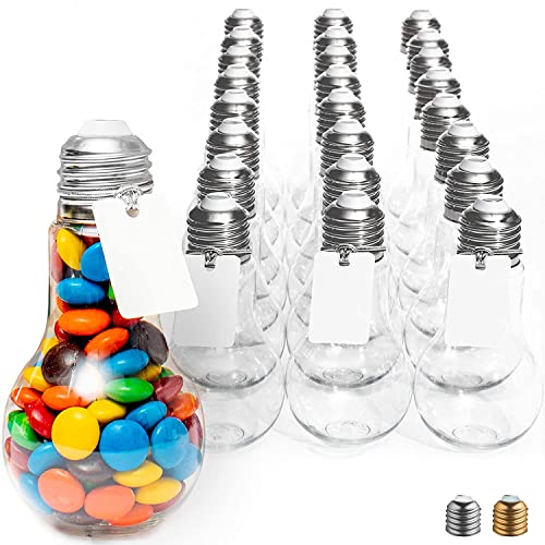 Plastic Light Bulb Jars Silver - 24pc Case - 100ml Clear - with Labels and String - Fillable with Candy, Ideal for Crafts