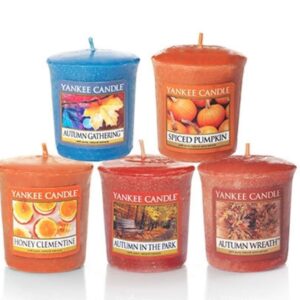 Yankee Candle 12 Fall and Winter Votive Samplers in Box Plus Bonus Organza Sachet Bag - Autumn and Holiday Scent Bundle