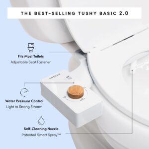 TUSHY Basic 2.0 Bidet Toilet Seat Attachment | A Non-Electric Self Cleaning Water Sprayer w/Adjustable Water Pressure Nozzle, Angle Control & Easy Home Installation (White/Bamboo)