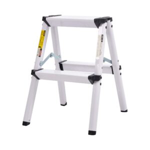 2 step ladder folding white aluminum step stool 2 step for adults, 20in