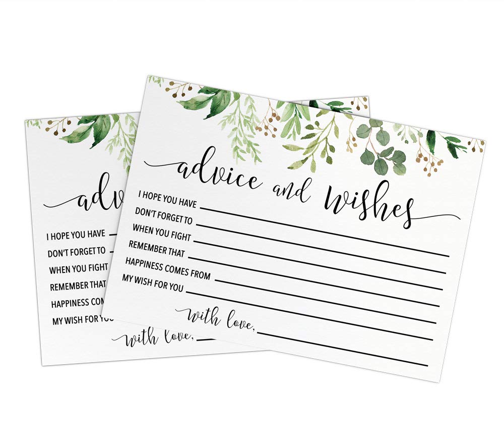 Printed Party Advice and Wishes for the Mr and Mrs – Wedding Advice Cards for Bridal Shower, Games and Favors for Guests, Eucalyptus Greenery Decor, 50 Cards