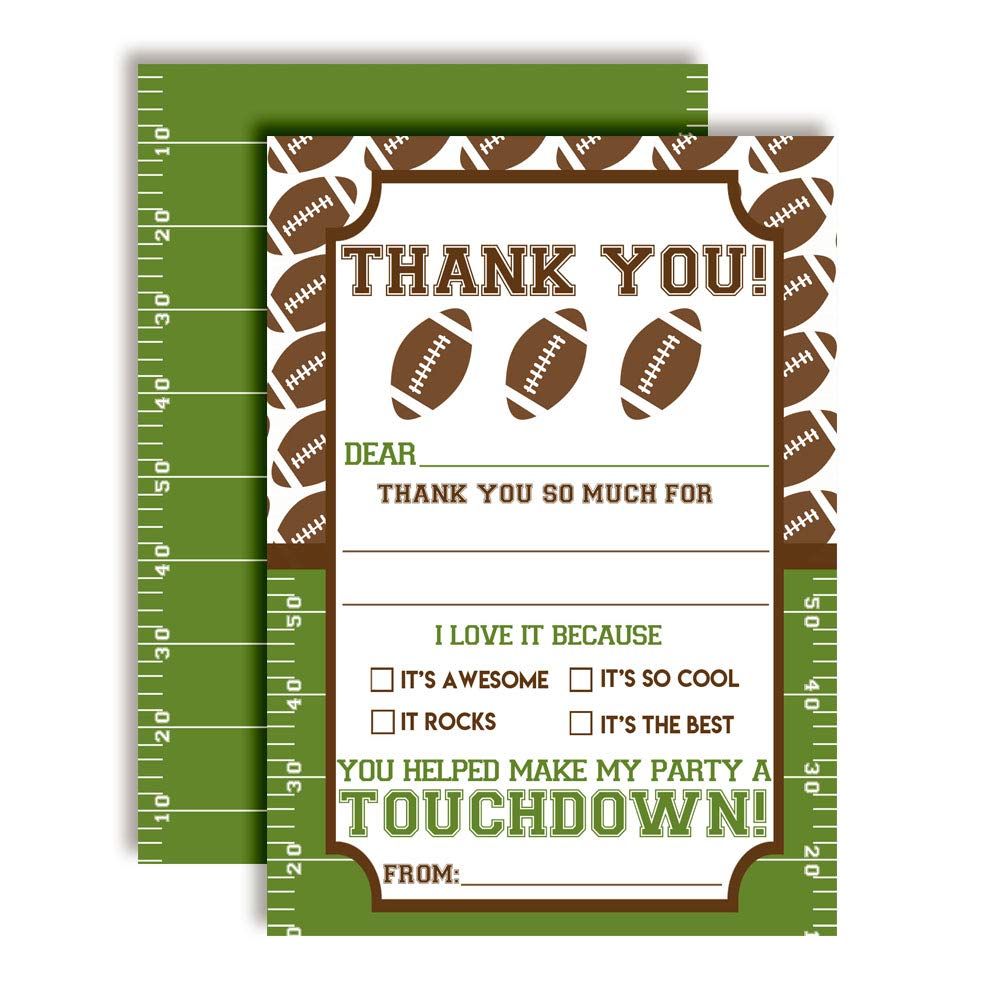 Football Touchdown Thank You Notes for Boys, Ten 4" x 5.5" Fill In The Blank Cards with 10 White Envelopes by AmandaCreation