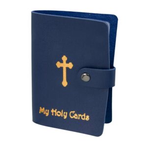 holy prayer card holder with gold tone stamped cross, navy blue faux leather holders for cards, thin albums for catholic prayers, 5.25 inches