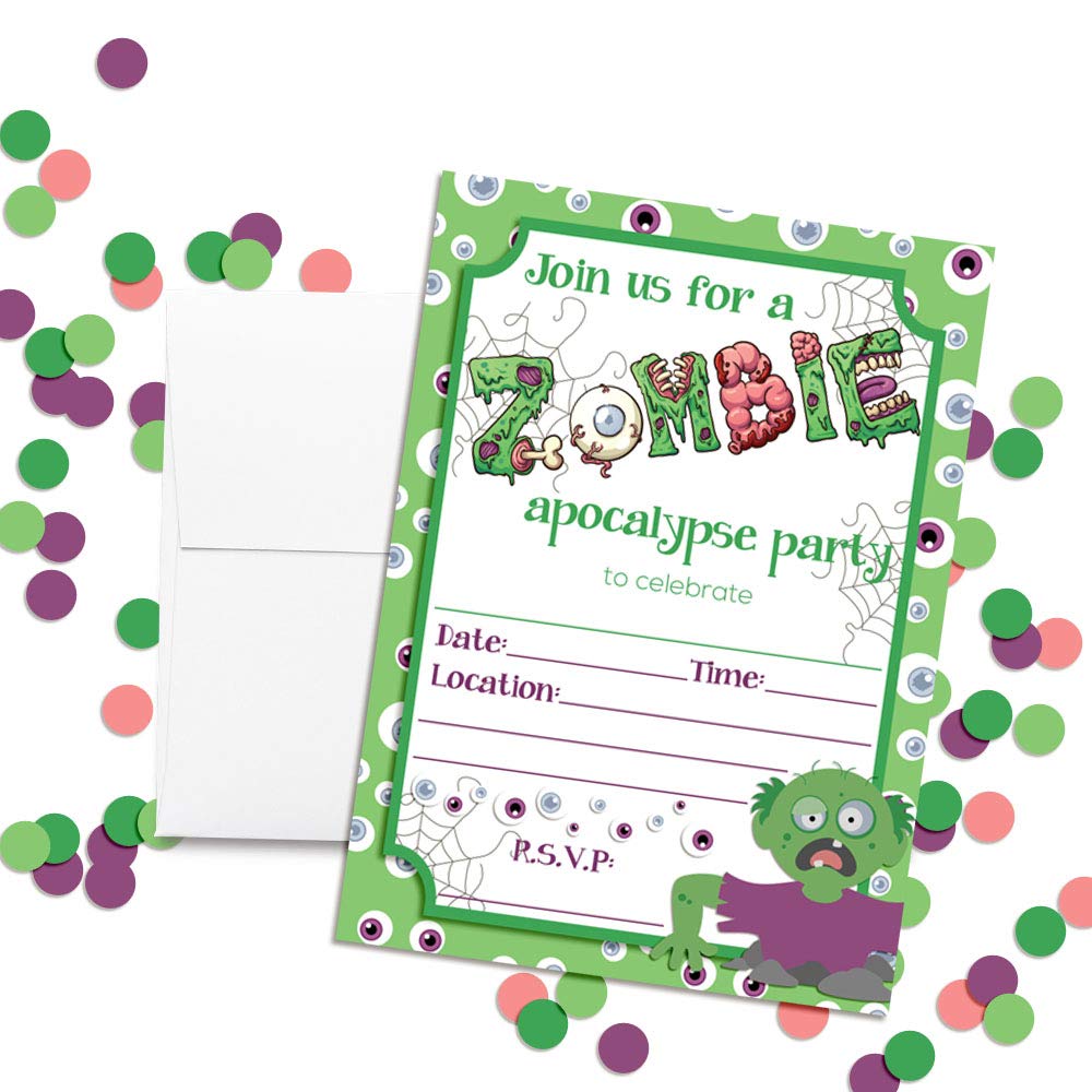 Zombie Apocalypse Halloween Birthday Party Invitations, 20 5x7 Fill In Cards with Twenty White Envelopes by AmandaCreation