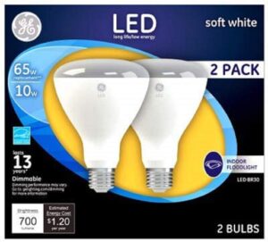 ge lighting indoor floodlight led bulb, dimmable, br30, soft white, 700 lumens, 10w (65 w replacement) 2-pk