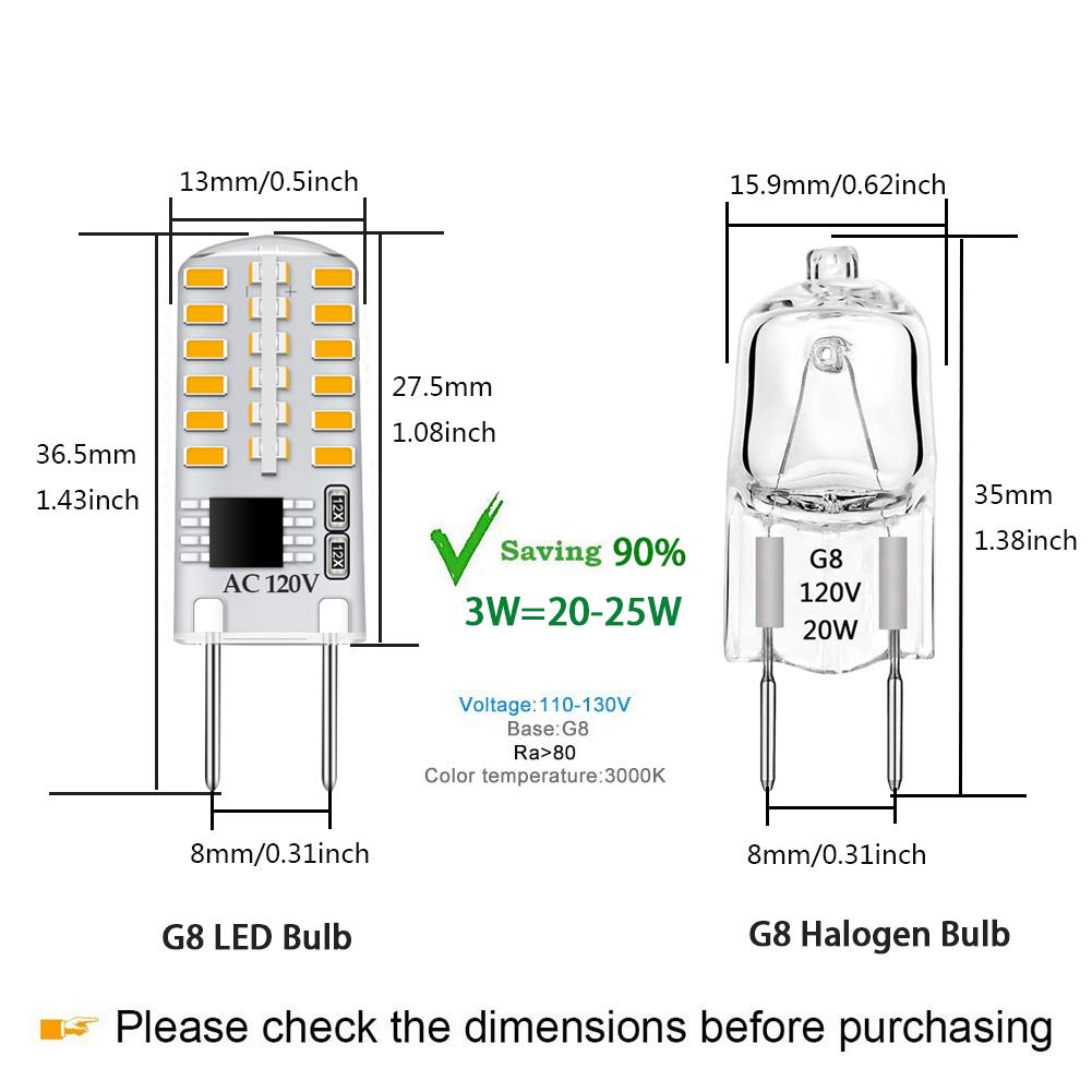 Gaormii G8 LED Bulb Dimmable 3W Warm White 3000K T4 Bi-Pin Base 120V 20W-25W Halogen Bulb Replacement for Under Cabinet, Counter Lighting (12-Pack)