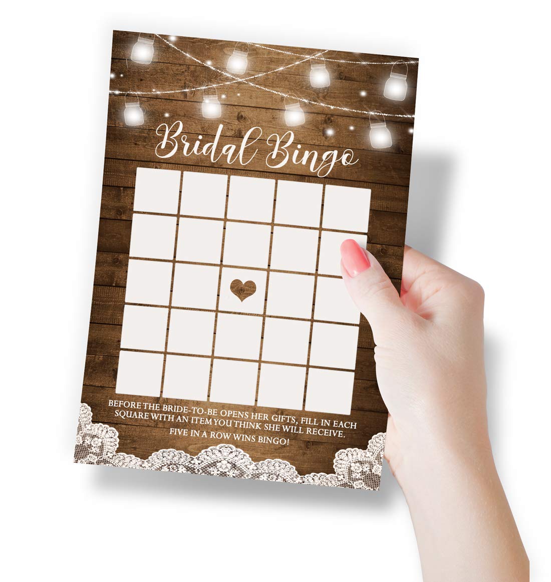 Printed Party Bridal Shower Game Set – 5 Fun Games and Activities for 50 Guests, Includes Bingo, Trivia, Guess How Many, and Advice Cards, Rustic Country Wedding Shower Games