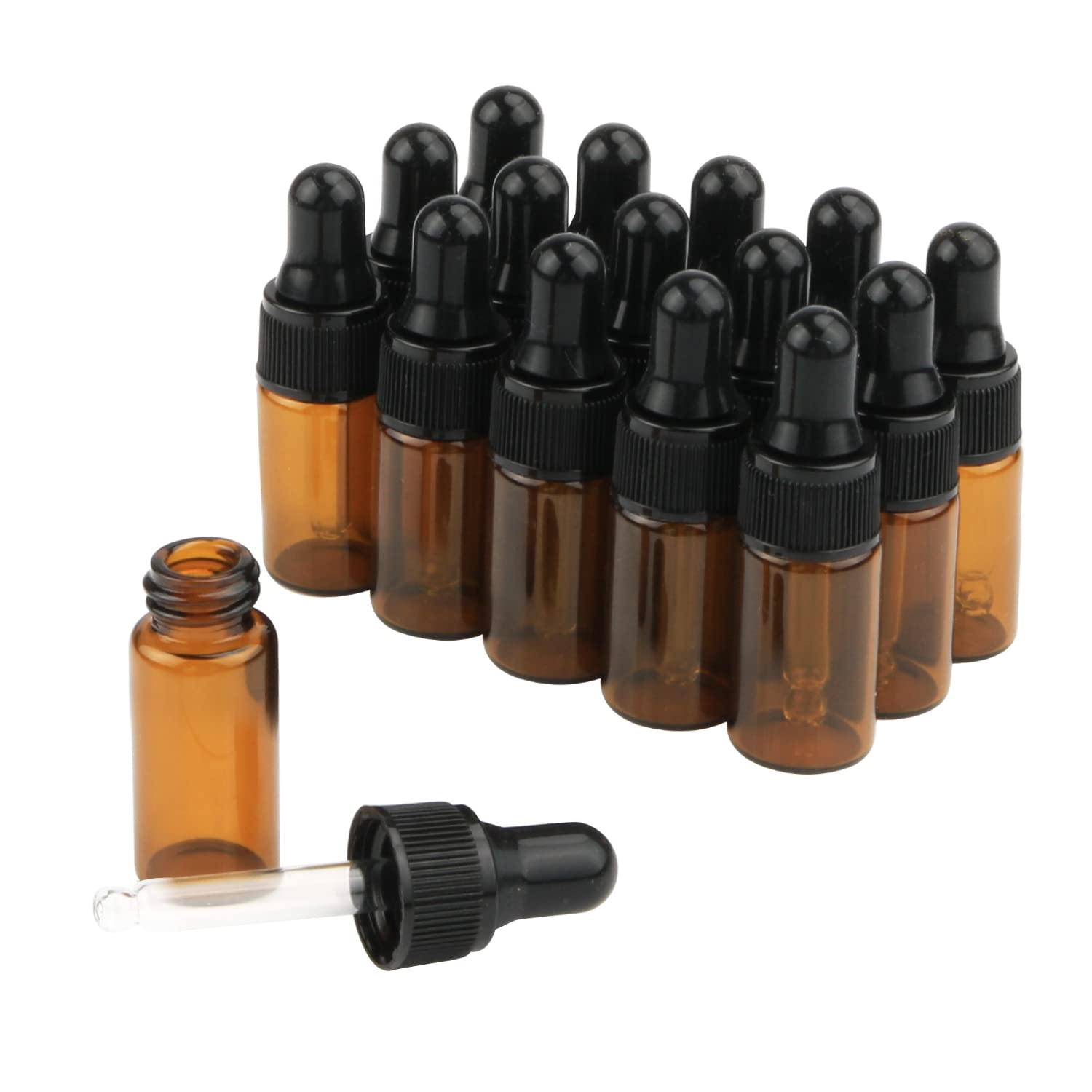 15Pcs Amber Glass Dropping Bottles 1ml 2ml 3ml 5ml Mini Essential Oil Dropper Bottles Empty Travel Sample Vials with Black Cap (3ml)