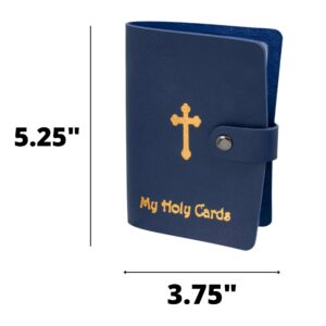 Holy Prayer Card Holder with Gold Tone Stamped Cross, Navy Blue Faux Leather Holders for Cards, Thin Albums for Catholic Prayers, 5.25 Inches