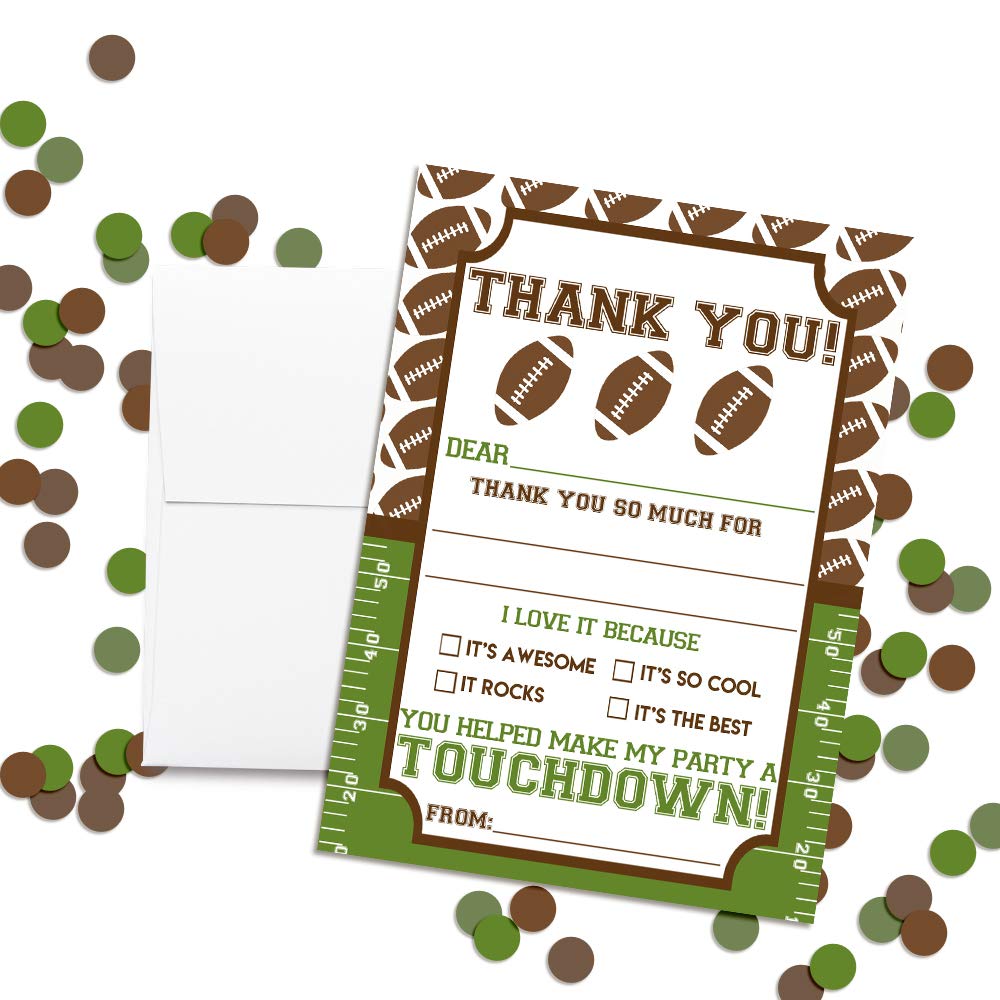 Football Touchdown Thank You Notes for Boys, Ten 4" x 5.5" Fill In The Blank Cards with 10 White Envelopes by AmandaCreation