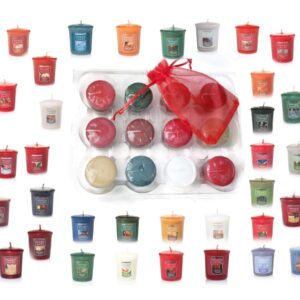 Yankee Candle 12 Fall and Winter Votive Samplers in Box Plus Bonus Organza Sachet Bag - Autumn and Holiday Scent Bundle