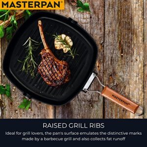 MasterPan Non-Stick Grill Pan with Folding Wooden Handle, 8", Black and Brown