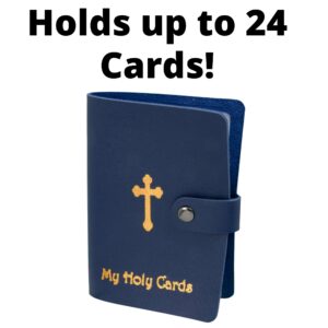 Holy Prayer Card Holder with Gold Tone Stamped Cross, Navy Blue Faux Leather Holders for Cards, Thin Albums for Catholic Prayers, 5.25 Inches