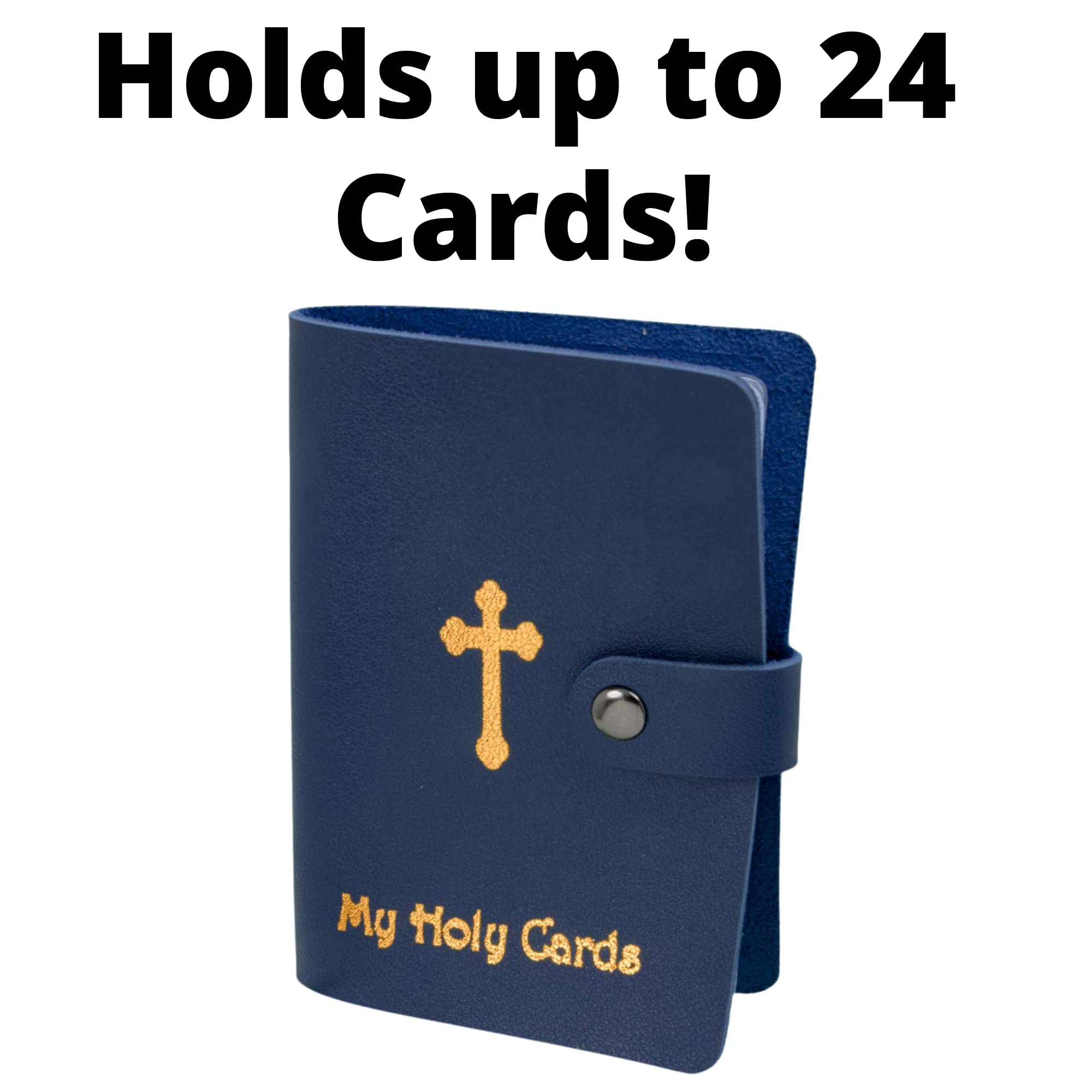 Holy Prayer Card Holder with Gold Tone Stamped Cross, Navy Blue Faux Leather Holders for Cards, Thin Albums for Catholic Prayers, 5.25 Inches