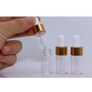 15Pcs Glass Essential Oil Dropper Bottles Clear Mini 1ml/2ml/3ml Perfume Dropping Bottle Cosmetic Sample Vials with Gold Cap and White Latex