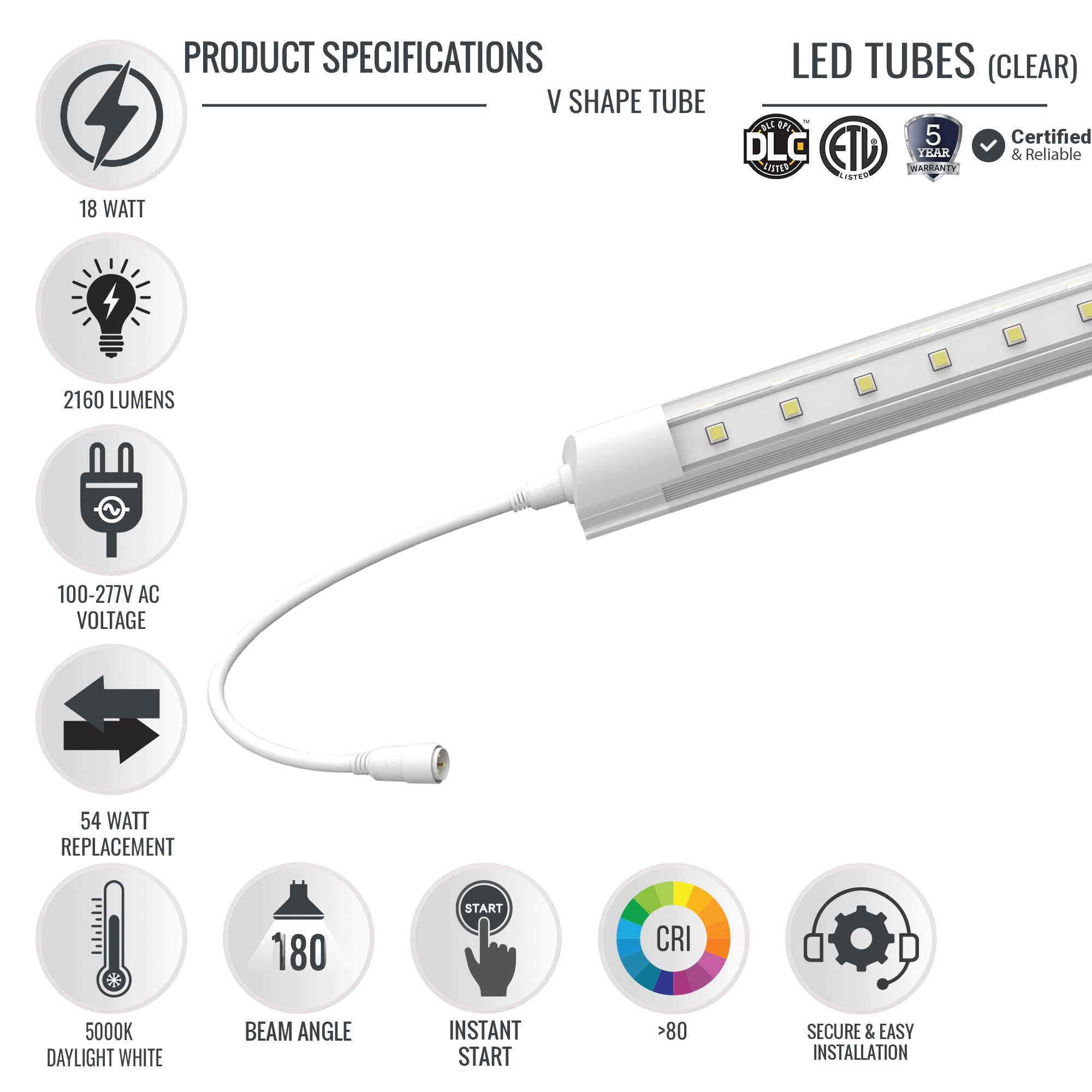 LEDMyplace 18W 4ft LED Freezer/Cooler Tubes T8 V-Shape, 2160 Lumens, 5000k Daylight White, 180° Beam Angle, 100-277V, Tube Lights for Supermarkets Freezer, Grocery Stores, Commercial Freezer Lights