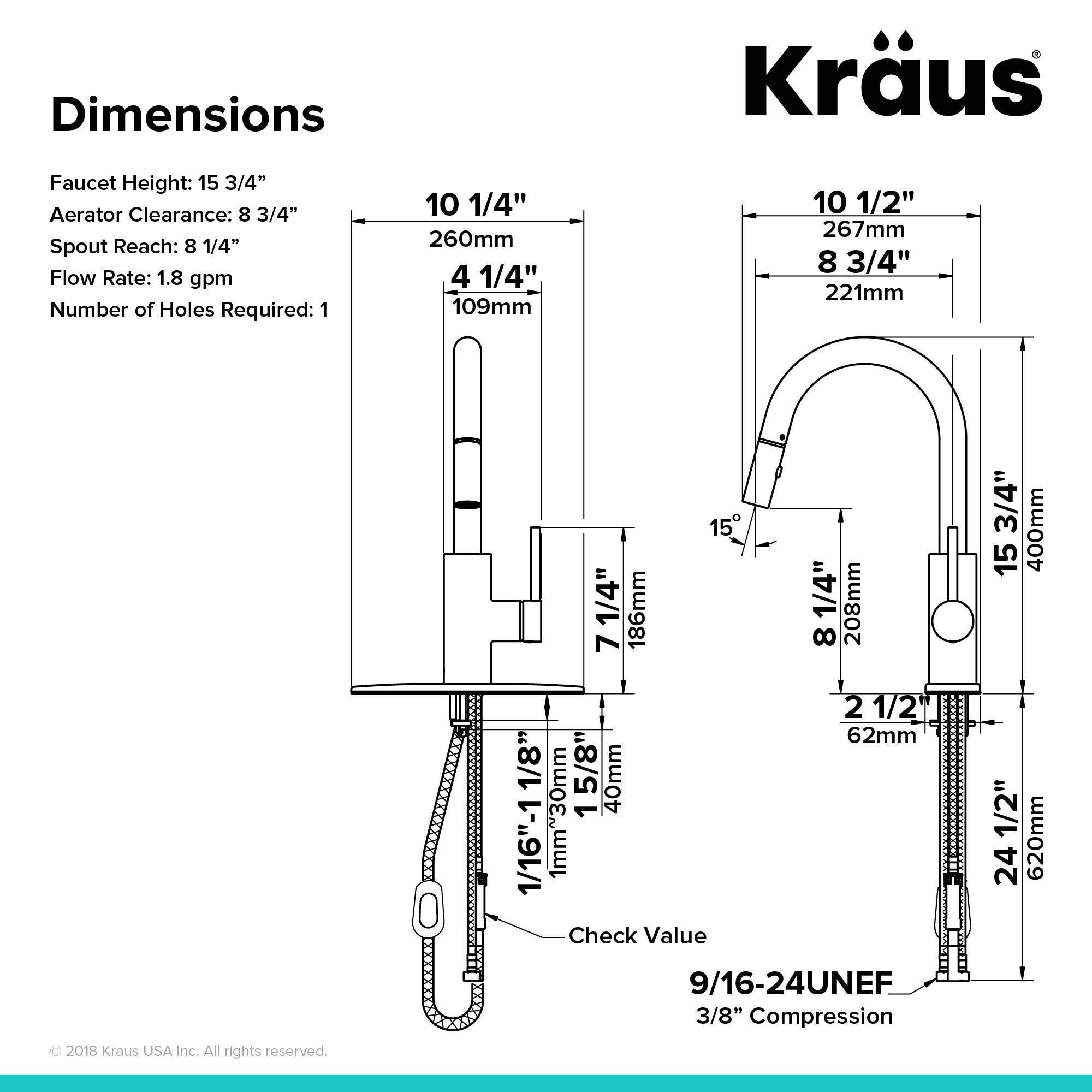 KRAUS Oletto Single Handle Pull Down Kitchen Faucet with QuickDock Top Mount Installation Assembly in Spot-Free Brushed Brass, KPF-2620BB