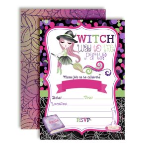 fancy halloween witch halloween birthday party invitations, 20 5x7 fill in cards with twenty white envelopes by amandacreation