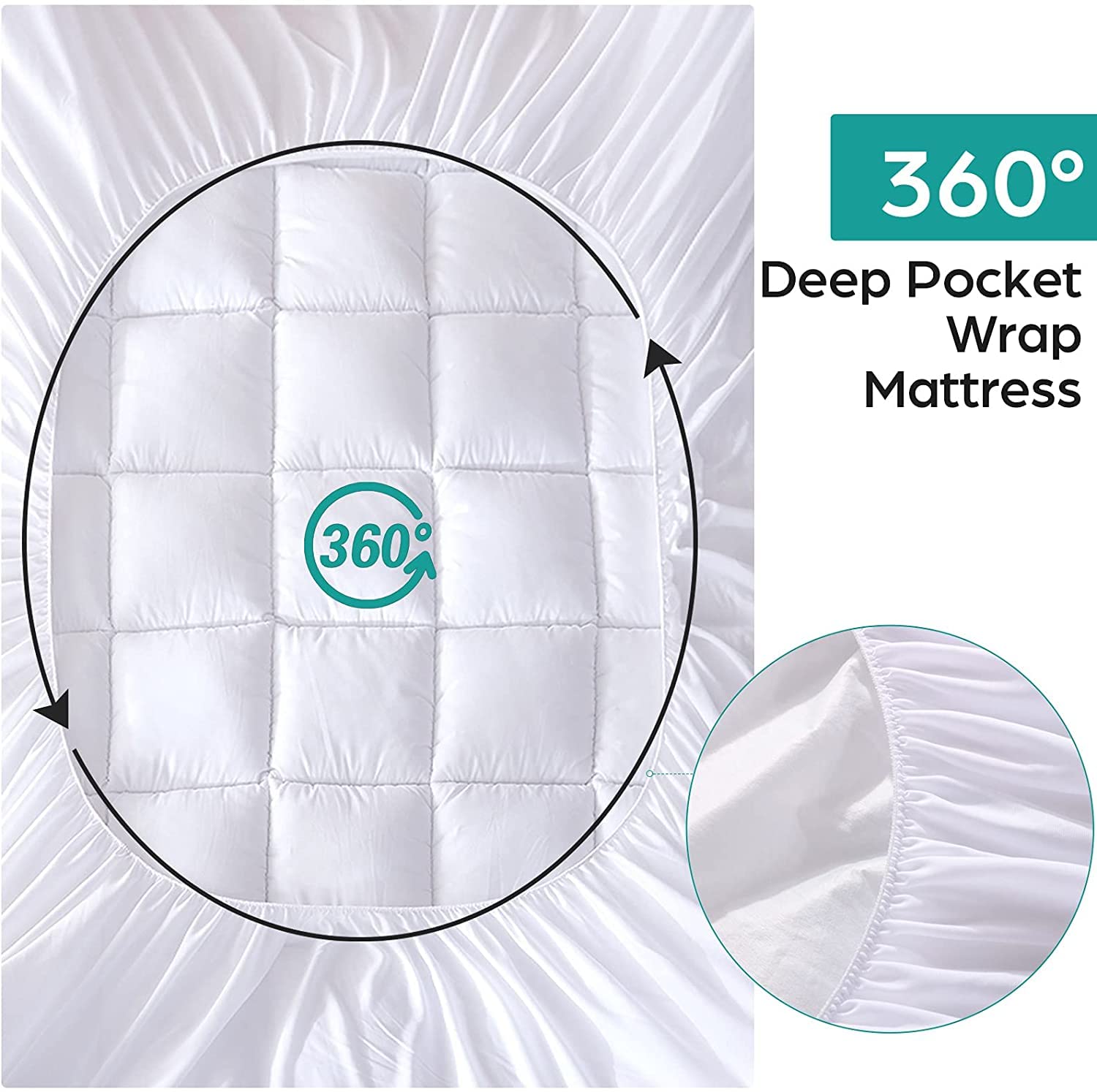 WhatsBedding Cotton Waterproof Mattress Pad Queen Size Top Down Alternative Filling Pillowtop Mattress Topper Cover-Fitted Quilted (Mattress Pad Queen)