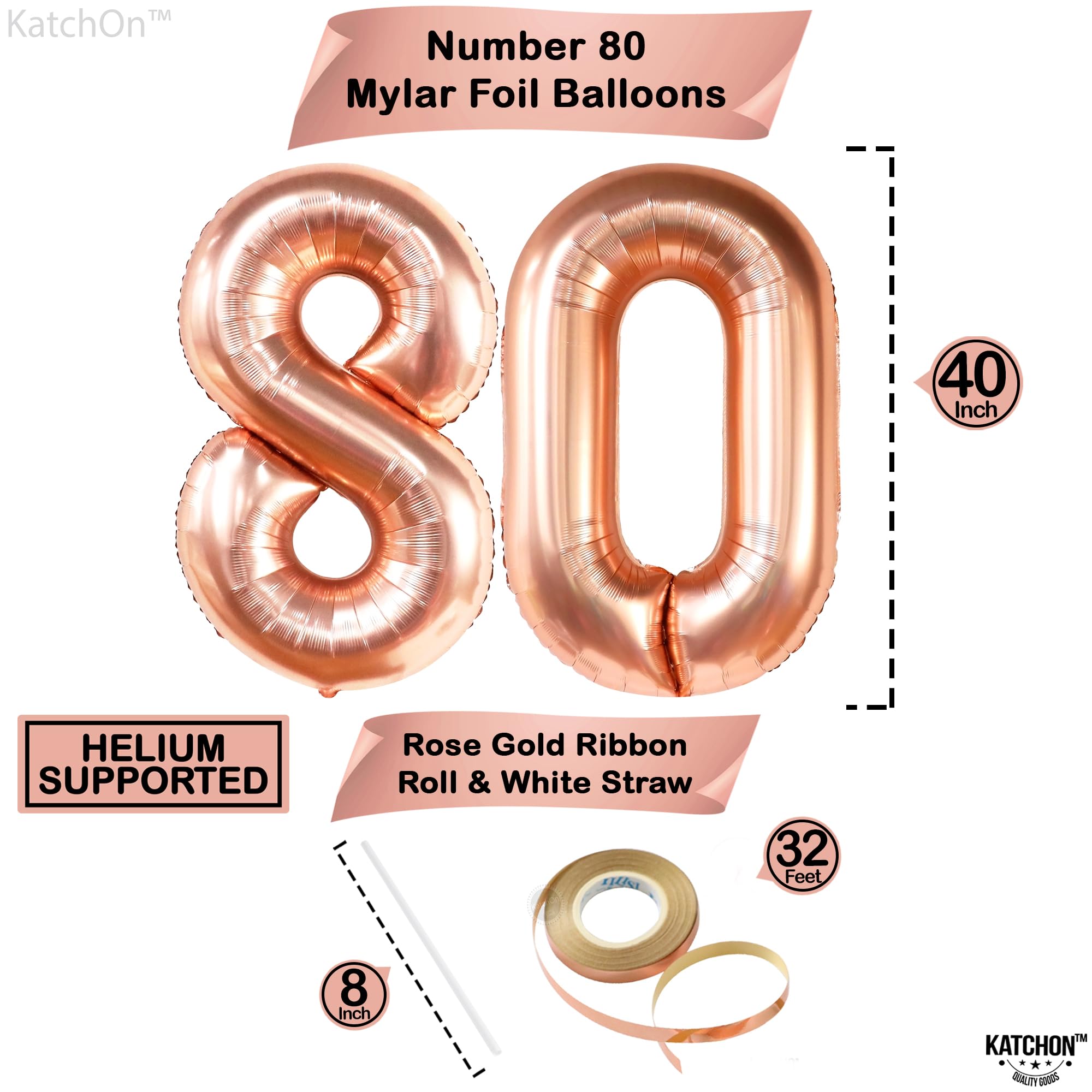 KatchOn, Giant 80th Birthday Decorations for Women - 40 Inch | Rose Gold 80 Balloon Numbers | Rose Gold 80th Birthday Balloons for Women | 80 Balloons Rose Gold for 80 Birthday Decorations for Women