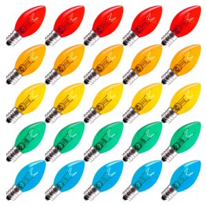 25 pack c7 christmas replacement light bulbs, transparent blubs for c7 christmas string lights, e12 candelabra vintage christmas bulbs for outdoor string lights, multicolor