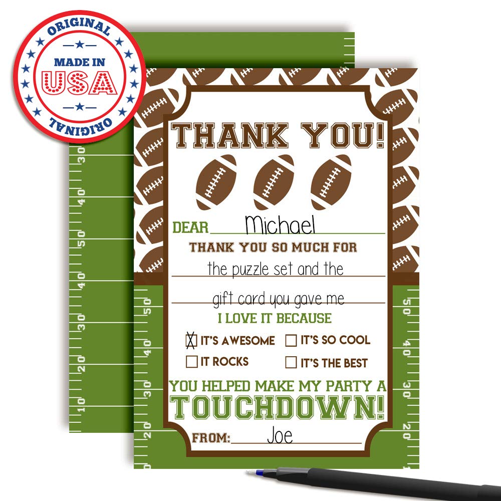 Football Touchdown Thank You Notes for Boys, Ten 4" x 5.5" Fill In The Blank Cards with 10 White Envelopes by AmandaCreation