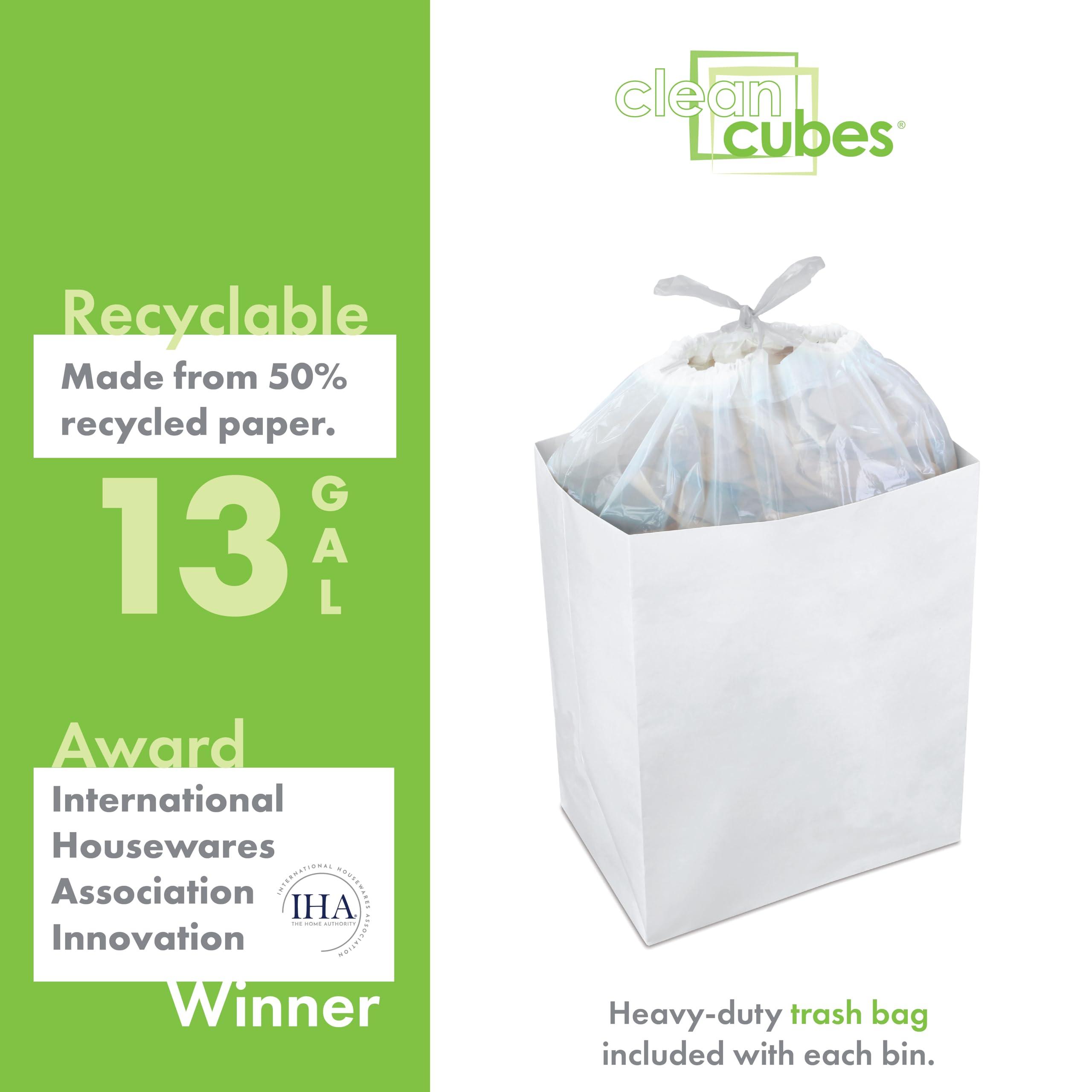 Clean Cubes 13 Gallon Disposable Trash Cans (6-Pack). Reusable Garbage and Recycling Bins for Parties, Events, and More (White - 17" Height x 13.5" Width x 10" Depth)