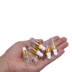 15Pcs Glass Essential Oil Dropper Bottles Clear Mini 1ml/2ml/3ml Perfume Dropping Bottle Cosmetic Sample Vials with Gold Cap and White Latex