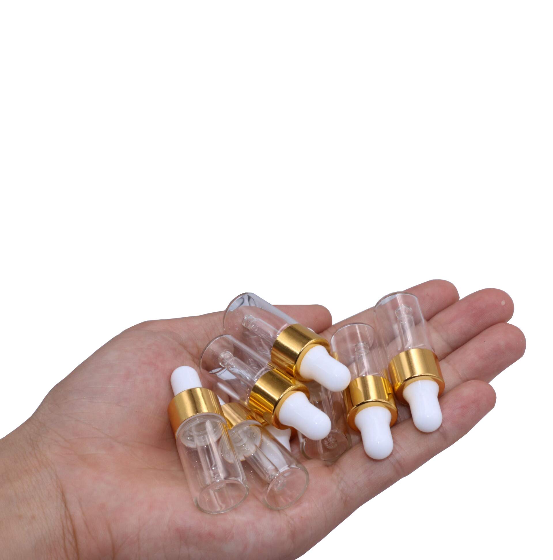 15Pcs Glass Essential Oil Dropper Bottles Clear Mini 1ml/2ml/3ml Perfume Dropping Bottle Cosmetic Sample Vials with Gold Cap and White Latex