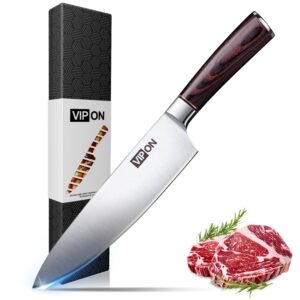 chef knife, vipon 8 inch high carbon stainless steel kitchen knife ergonomic handle durable blade sharp butcher knife with guard&gift box