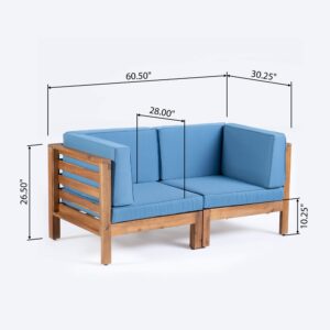 GDFStudio Outdoor Sectional Loveseat Set - 2-Seater - Acacia Wood - Outdoor Cushions - Teak and Blue