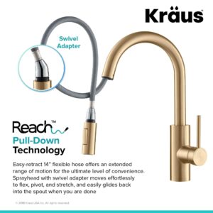 KRAUS Oletto Single Handle Pull Down Kitchen Faucet with QuickDock Top Mount Installation Assembly in Spot-Free Brushed Brass, KPF-2620BB