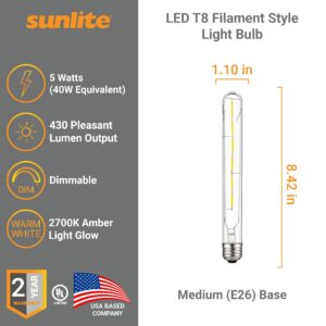 Sunlite LED Filament T8 Tubular Light Bulb, 5 Watts (40W Equivalent), 430 Lumens, Medium E26 Base, Dimmable, 214 mm, UL Listed, 2700K Soft White, 6 Count