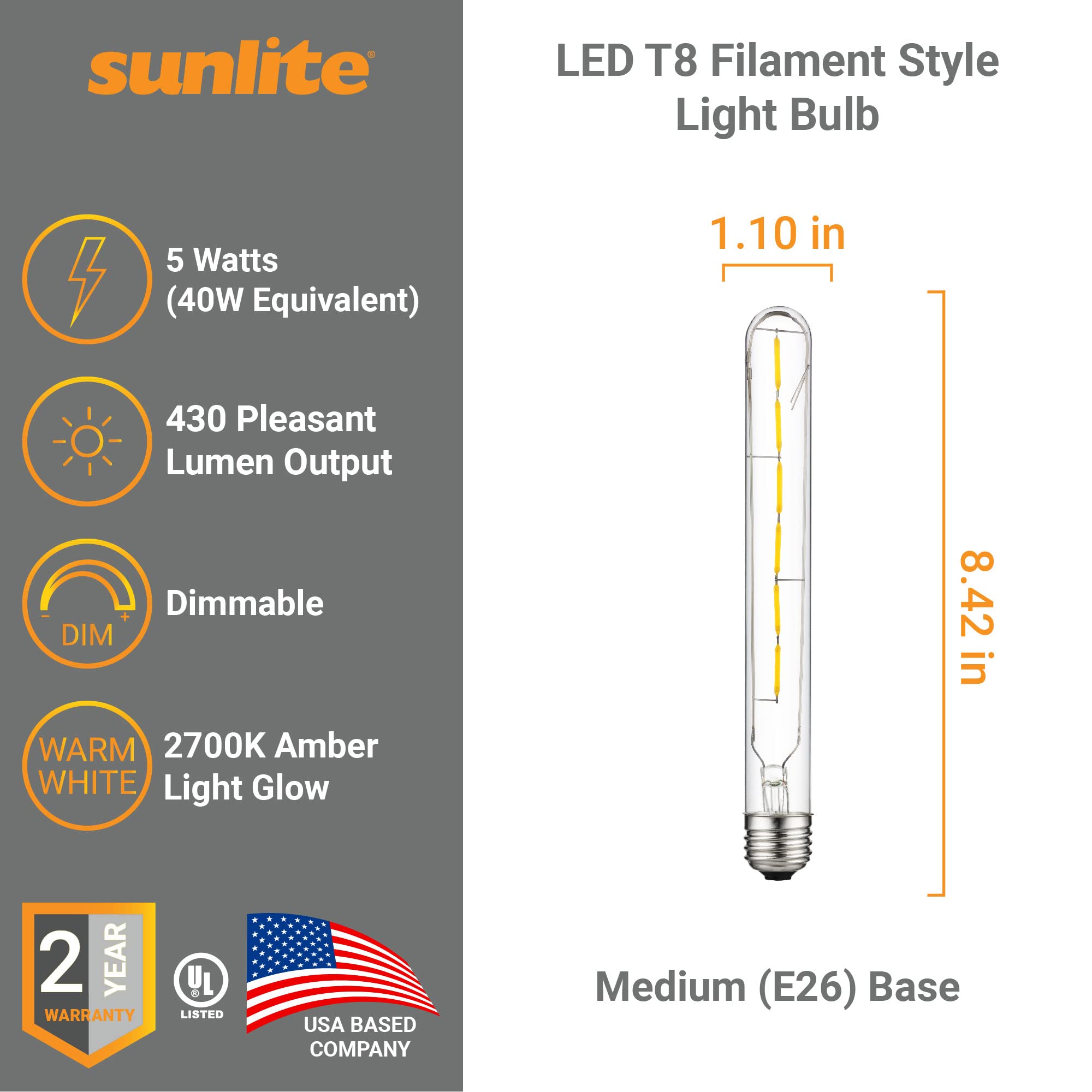 Sunlite LED Filament T8 Tubular Light Bulb, 5 Watts (40W Equivalent), 430 Lumens, Medium E26 Base, Dimmable, 214 mm, UL Listed, 2700K Soft White, 6 Count