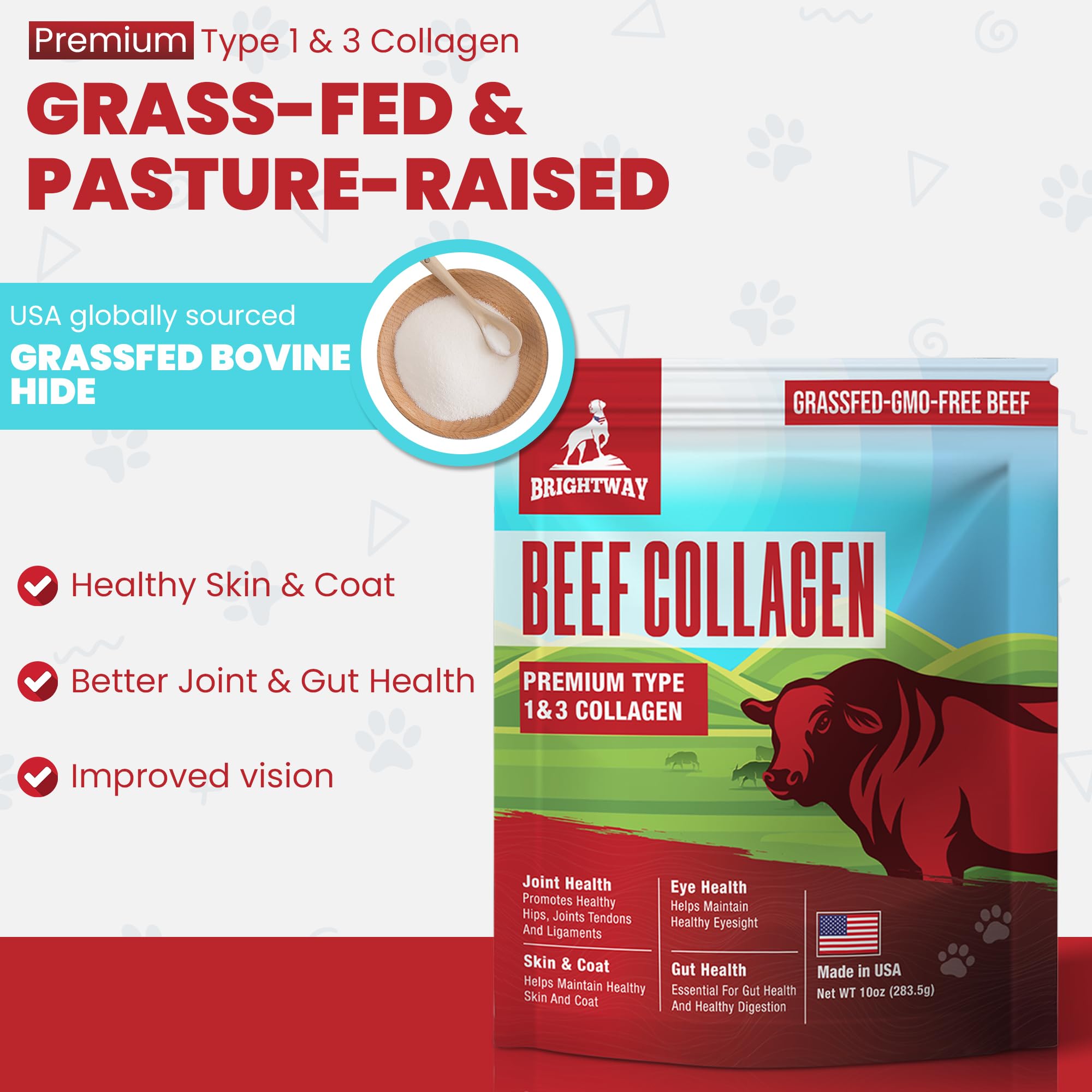 Grass fed Collagen for Dogs - Supports Health Skin & Coat, Hip, Joint Care & Cartilage Support + Skin Health and Mobility, 100% All Natural Collagen