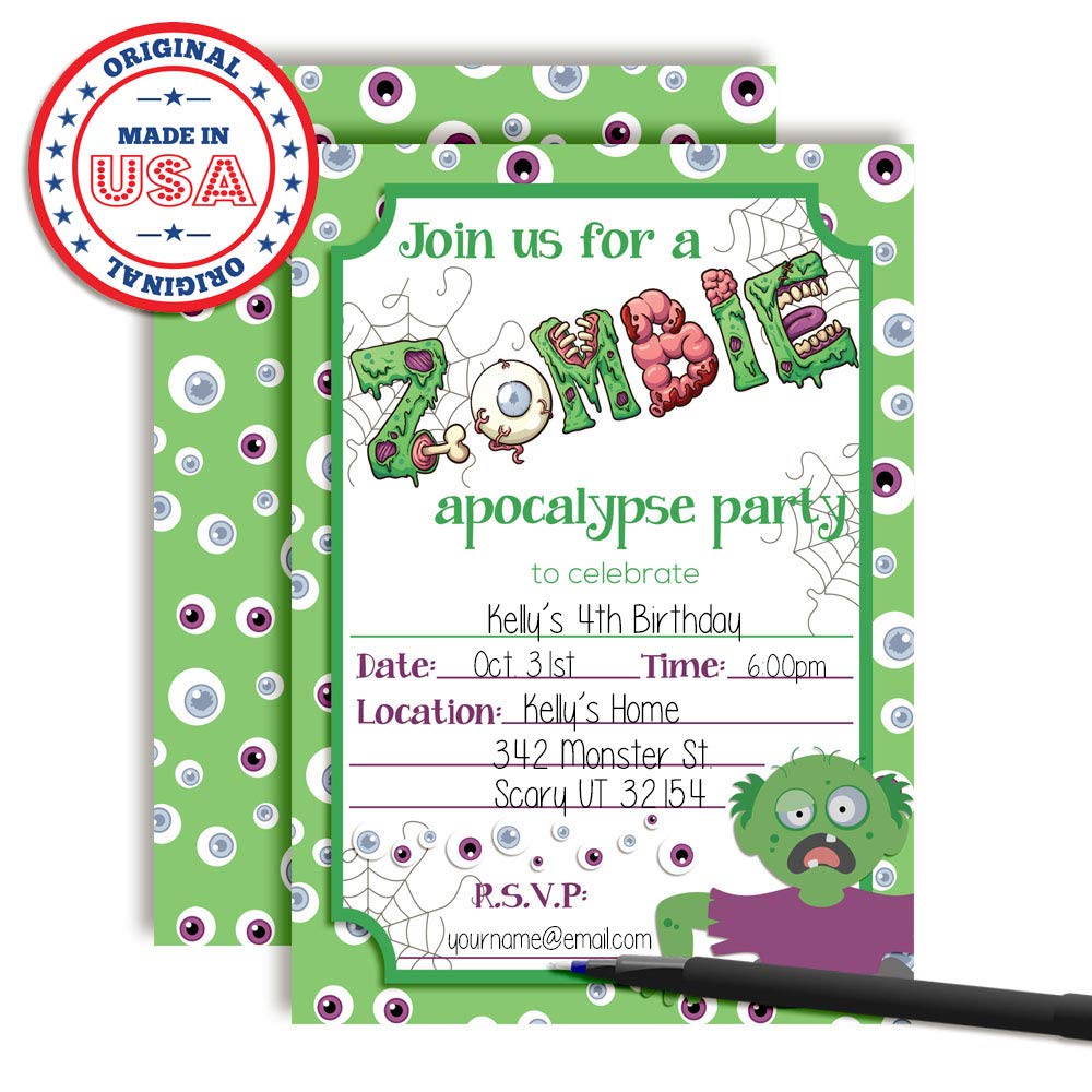 Zombie Apocalypse Halloween Birthday Party Invitations, 20 5x7 Fill In Cards with Twenty White Envelopes by AmandaCreation