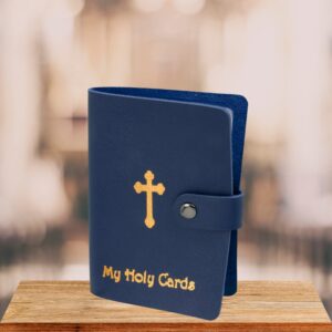 Holy Prayer Card Holder with Gold Tone Stamped Cross, Navy Blue Faux Leather Holders for Cards, Thin Albums for Catholic Prayers, 5.25 Inches