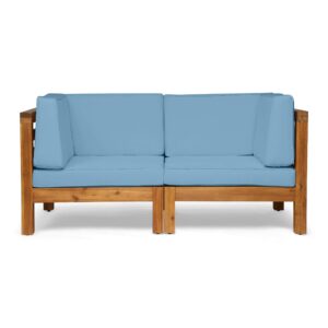 gdfstudio outdoor sectional loveseat set - 2-seater - acacia wood - outdoor cushions - teak and blue