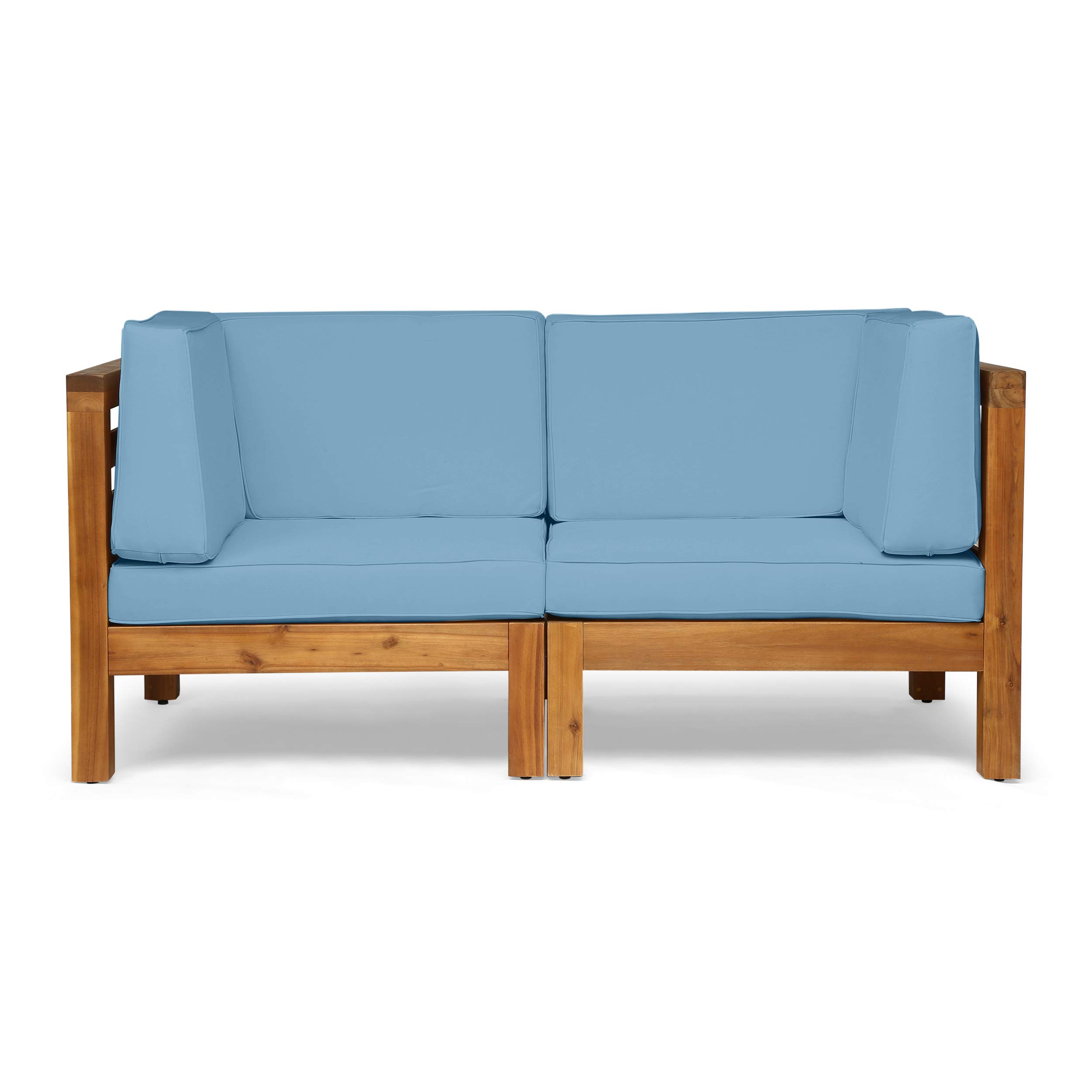 GDFStudio Outdoor Sectional Loveseat Set - 2-Seater - Acacia Wood - Outdoor Cushions - Teak and Blue