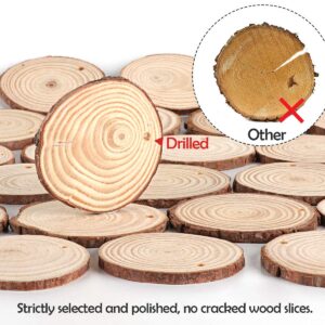 50Pcs Wood Slices 2.4"-2.8" Unfinished Natural Wood Rounds with Pre-drilled Hole and 66Feet Twine String, Wood Slices for Wood Burning Painting DIY Crafts Christmas Ornaments Party Wedding Decor