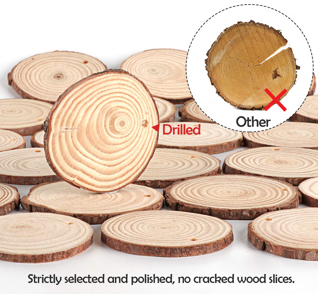 50Pcs Wood Slices 2.4"-2.8" Unfinished Natural Wood Rounds with Pre-drilled Hole and 66Feet Twine String, Wood Slices for Wood Burning Painting DIY Crafts Christmas Ornaments Party Wedding Decor