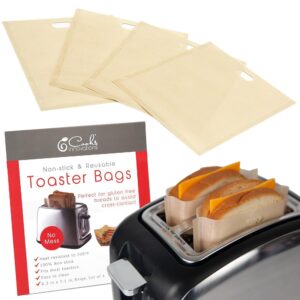 reusable toaster bag - toaster bags for grilled cheese sandwiches, pizza rolls, + - nonstick toaster bags made of teflon - bpa & pfoa free little bags - toaster bags reusable up to 50 uses (set of 4)