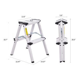 2 Step Ladder Folding White Aluminum Step Stool 2 Step for Adults, 20in