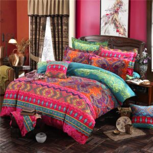 omelas bohemian queen duvet cover set colorful boho floral bedding super soft microfiber duvets cover queen size zipper closure indian tribal exotic comforter cover (mjh,q,3pcs)